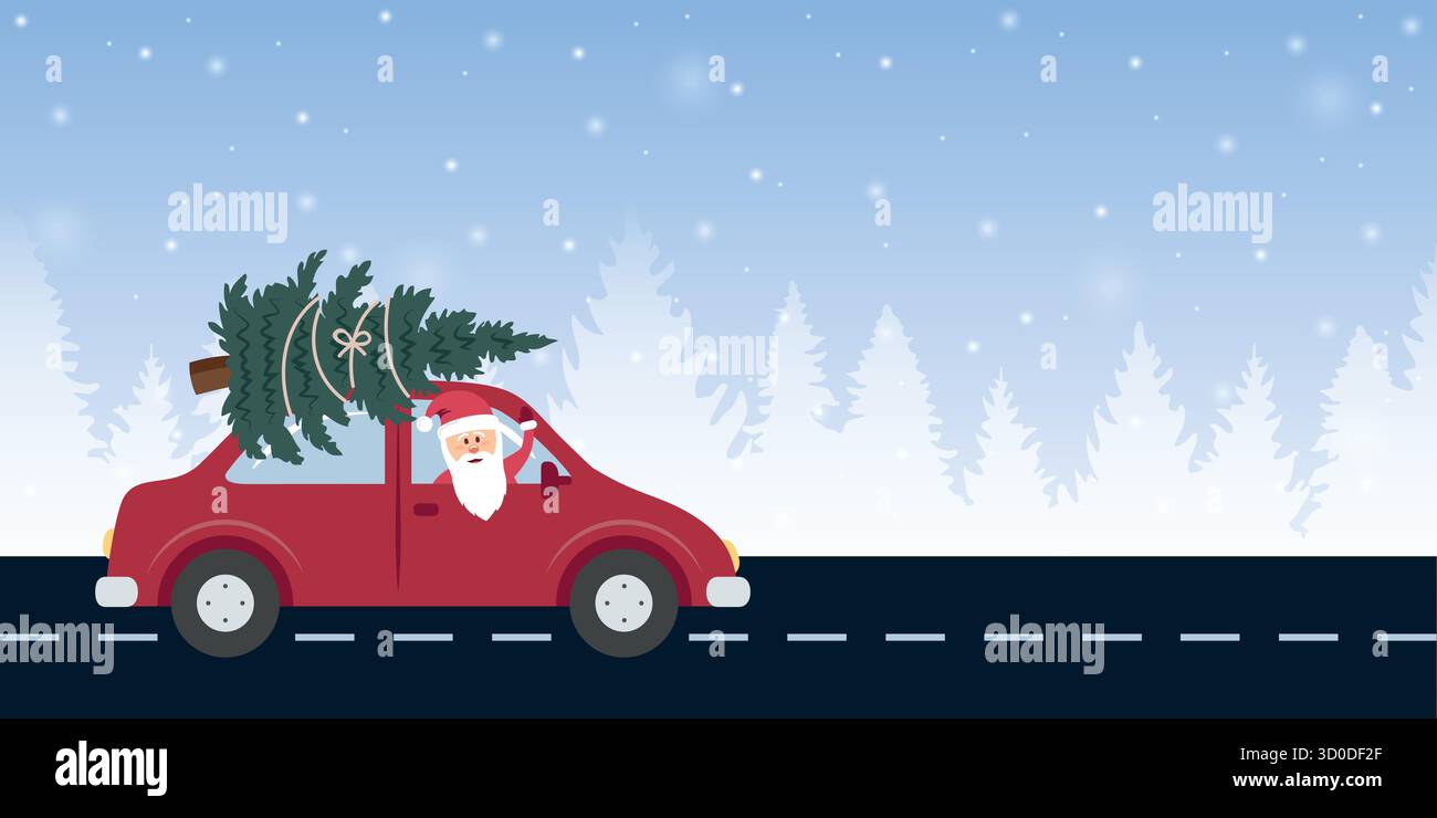 santa drive with red car and christmas tree in snowy winter landscape ...