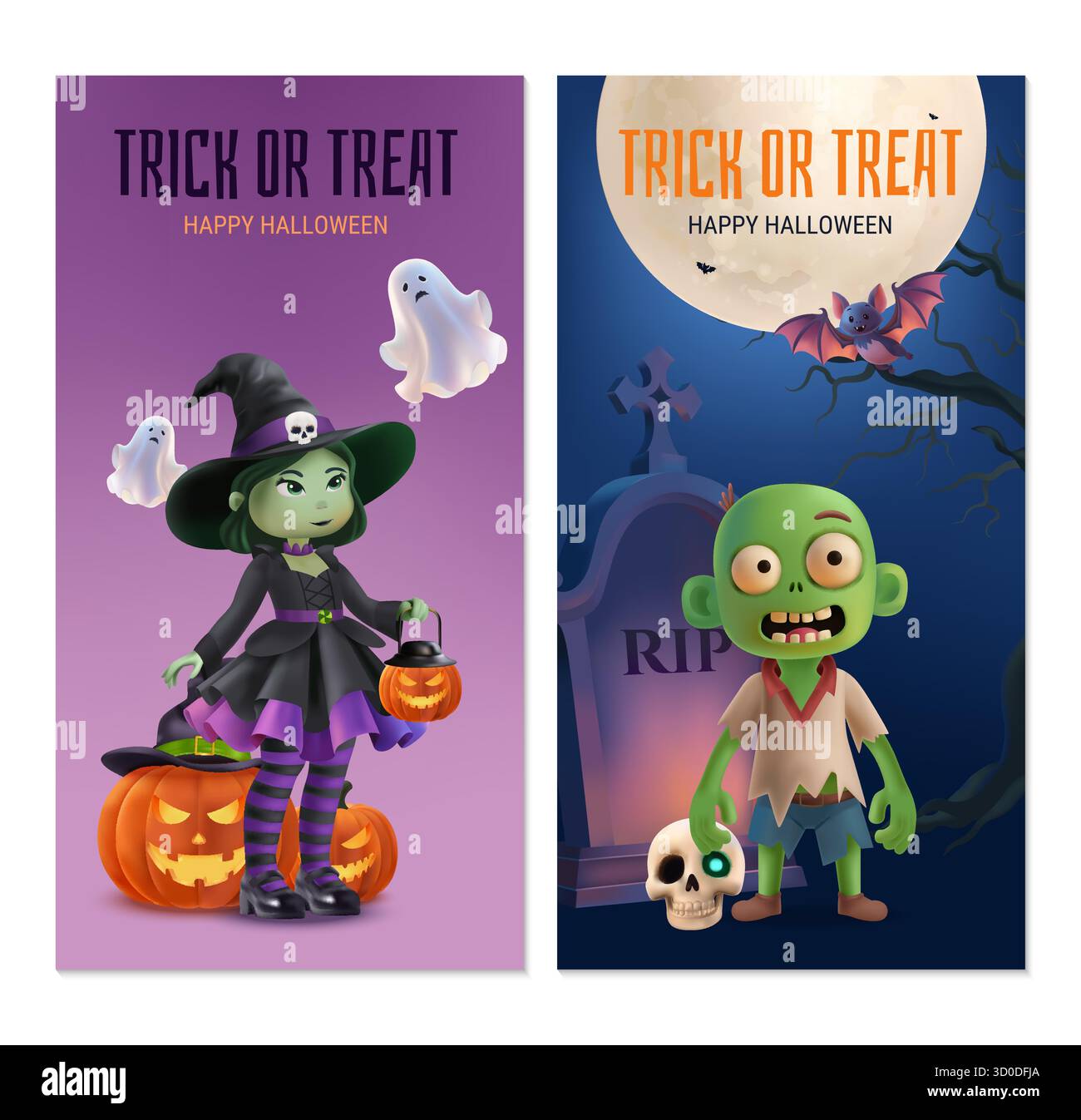 Halloween vertical banner with ghost tombstone and bats in realistic ...