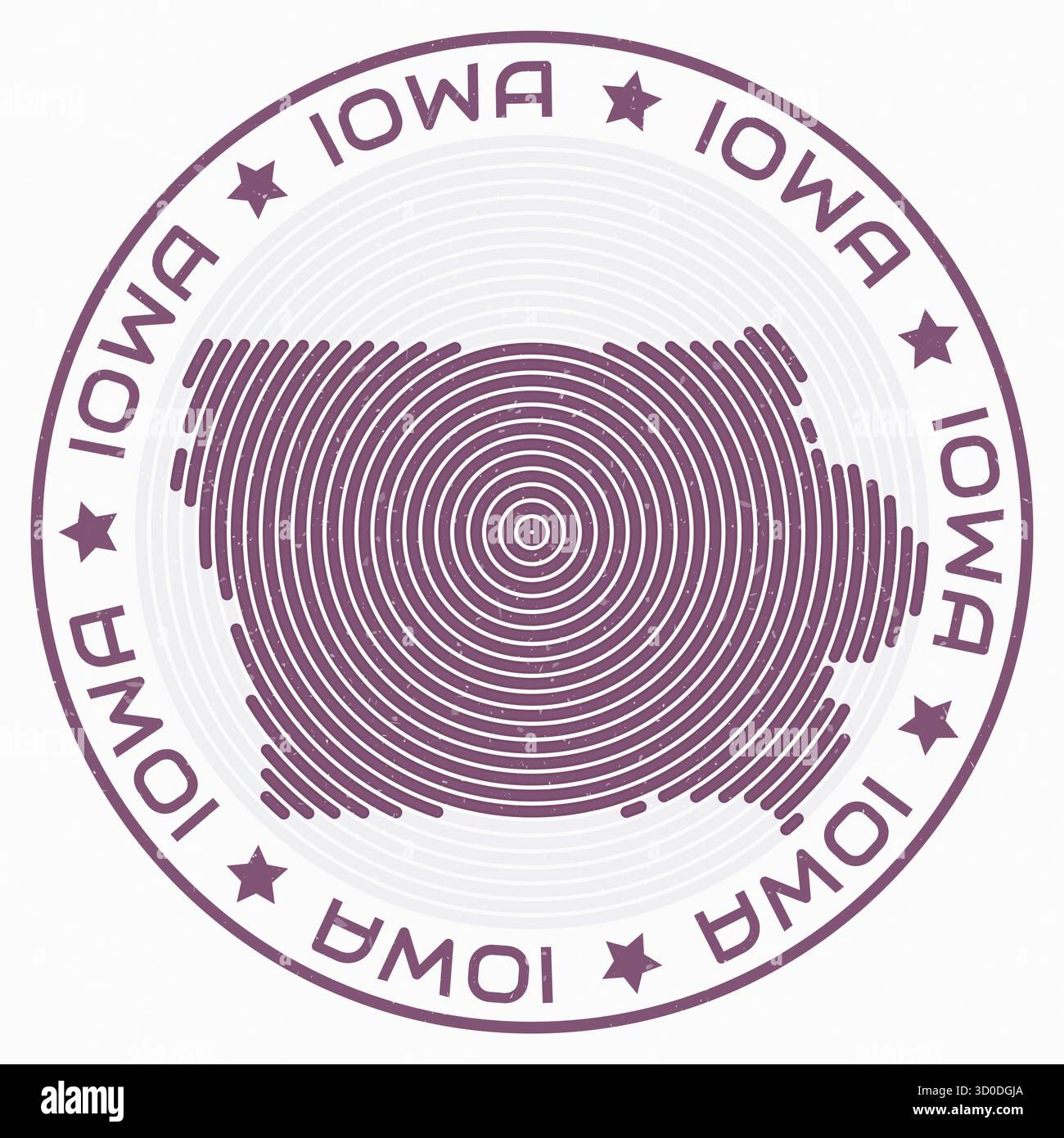 Iowa map with round title. State shape rings. Iowa text around the ...