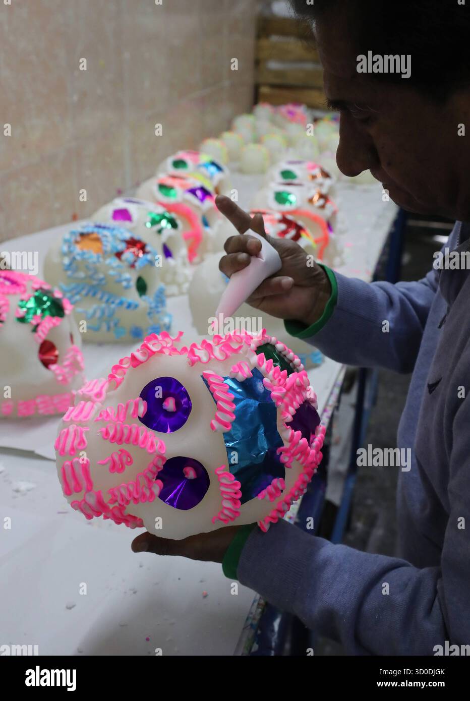 Sugar Skulls Production For Dia de Muertos Celebrations A worker of ...