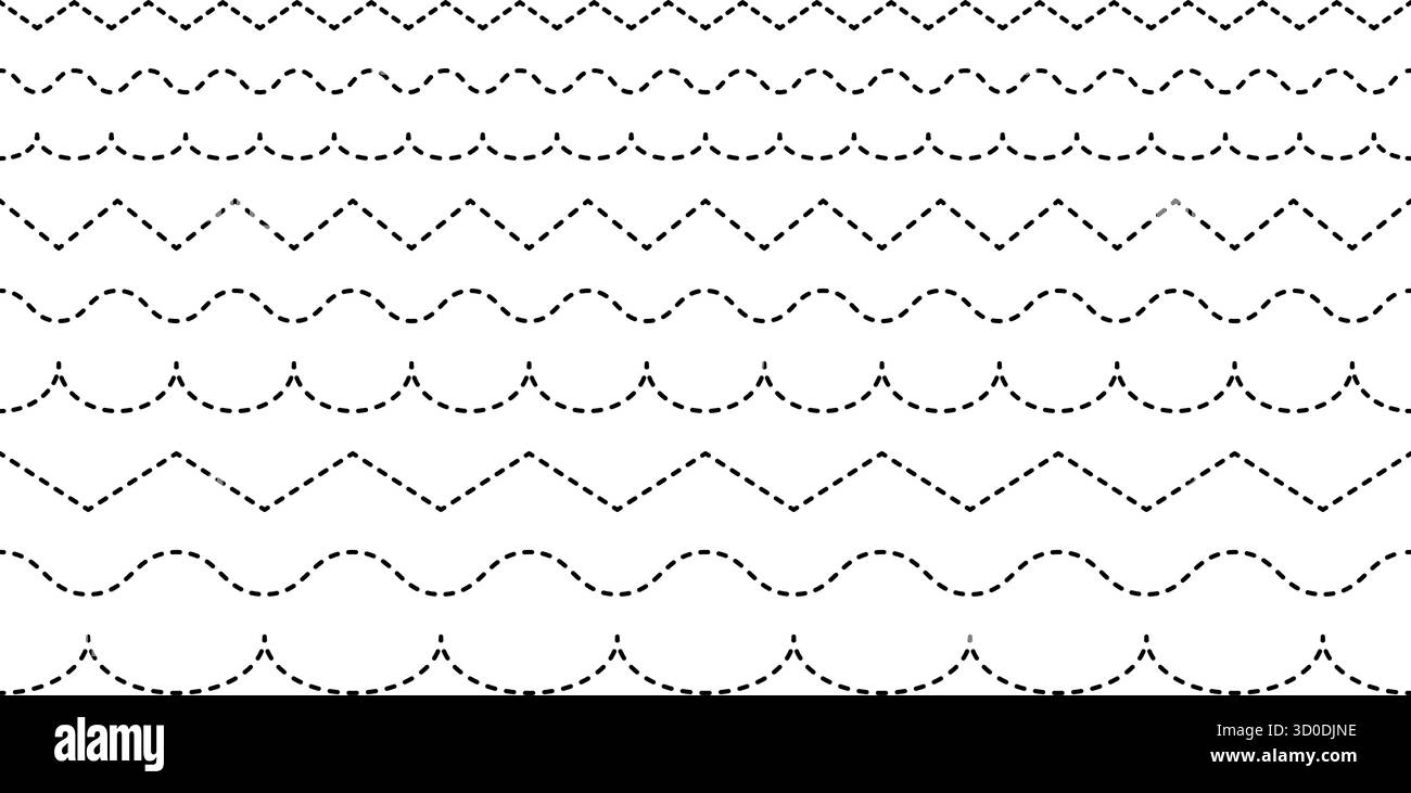 Wave line patterns. Curved corrugated stripes. Dashed squiggle border ...