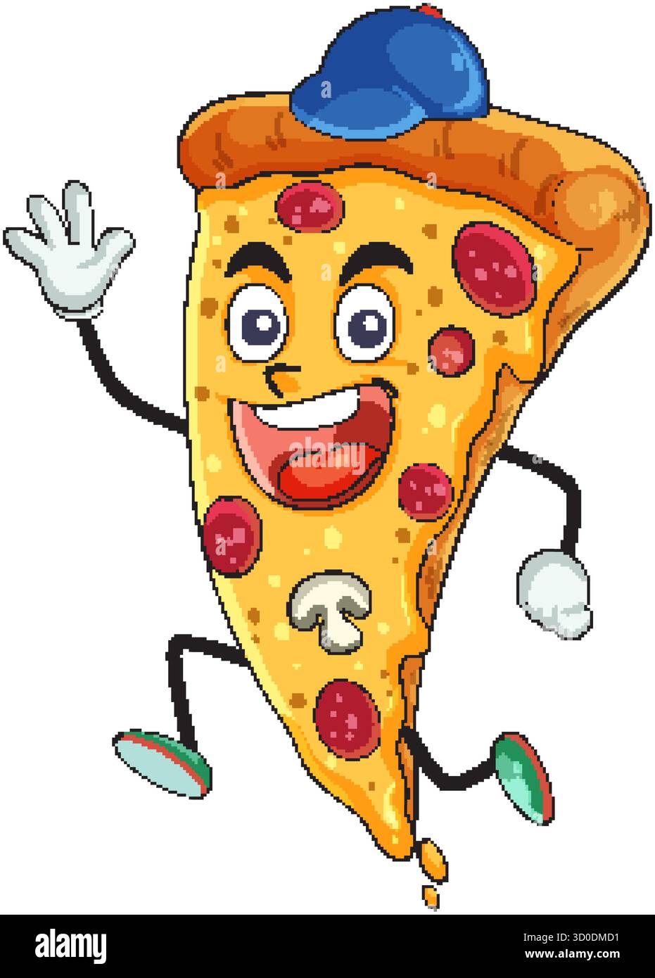 Smiling animated pizza slice with cap, arms, and legs, energetic pose ...