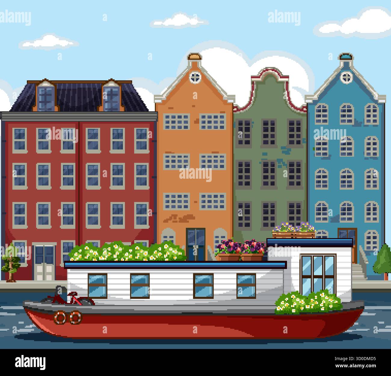 Bright canal houses and a houseboat with greenery, flat vector style ...
