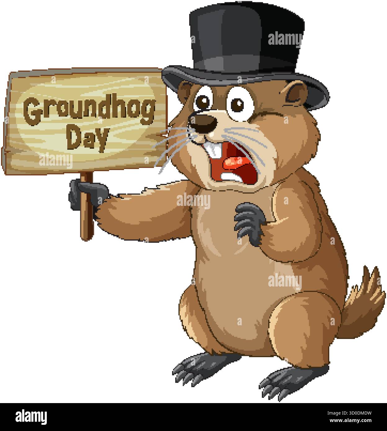 Vector cartoon groundhog in top hat holding wooden Groundhog Day sign ...