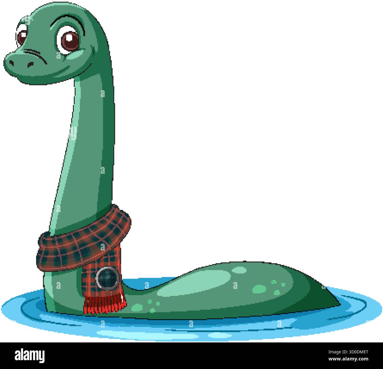 Cute green Loch Ness Monster with tartan scarf and big eyes, emerging ...