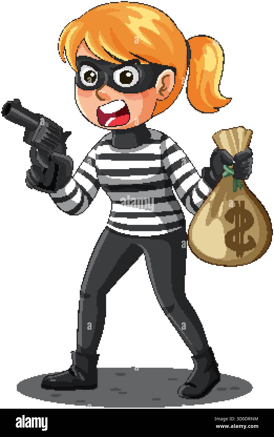 Vector illustration of masked woman thief with ponytail, striped shirt ...