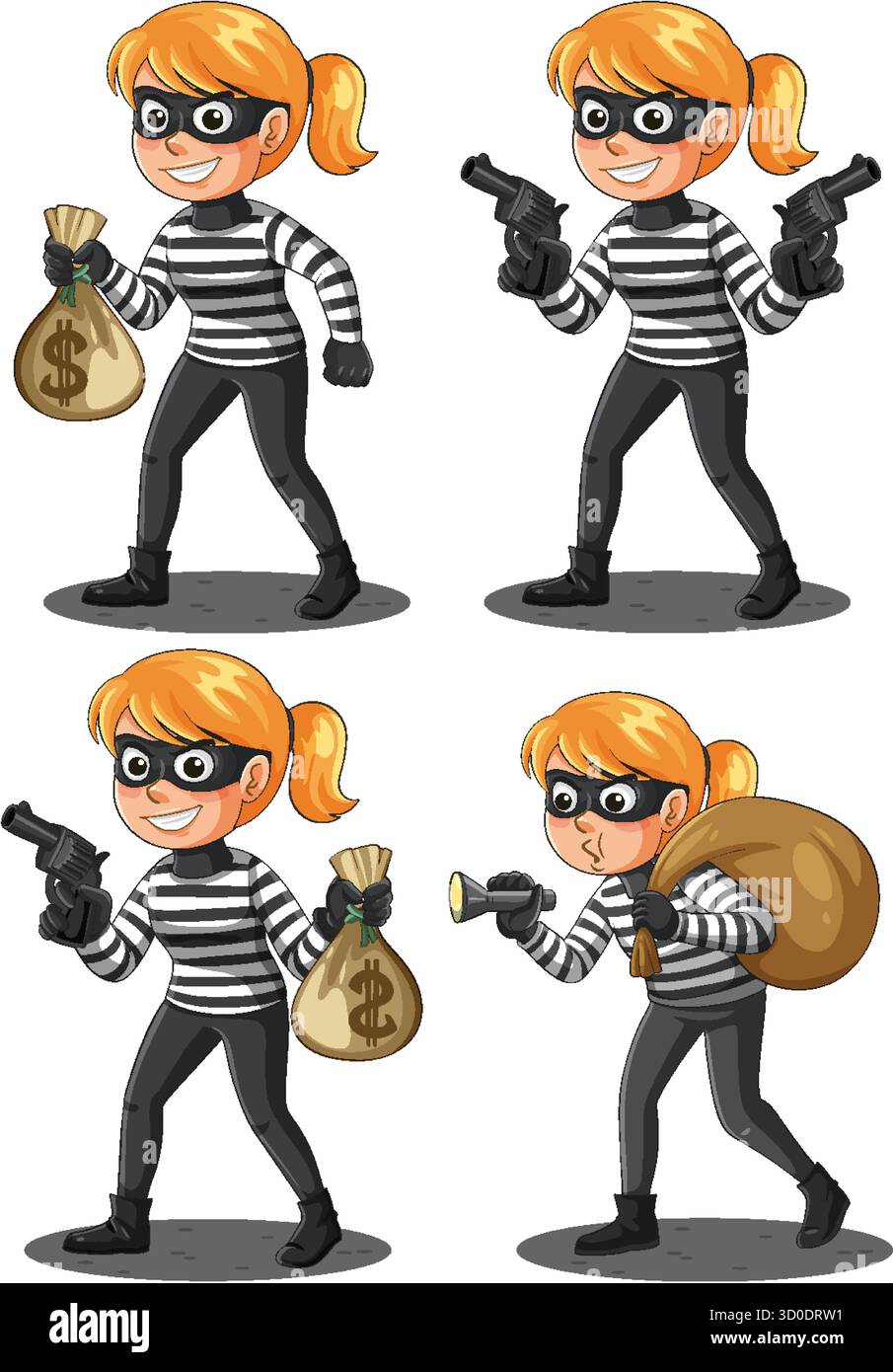 Vector illustration of cartoon female thief holding money bag, wearing ...