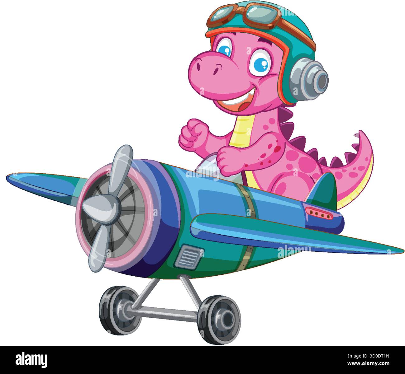 Pink dinosaur wearing aviator helmet piloting blue propeller airplane ...