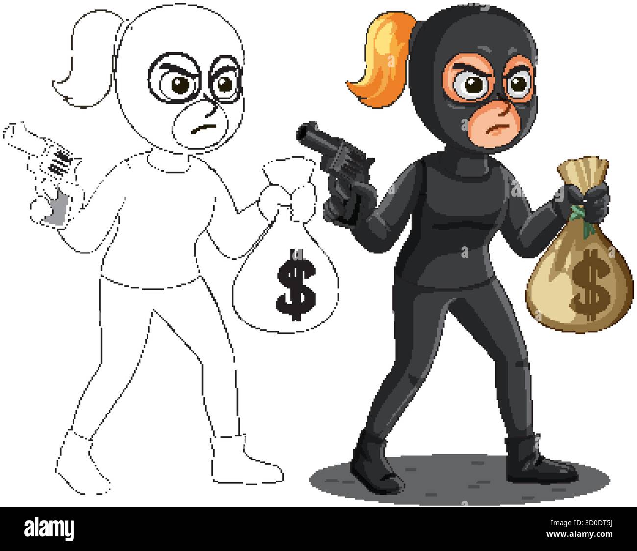 Cartoon vector of masked female robber with gun and cash bag in dynamic ...