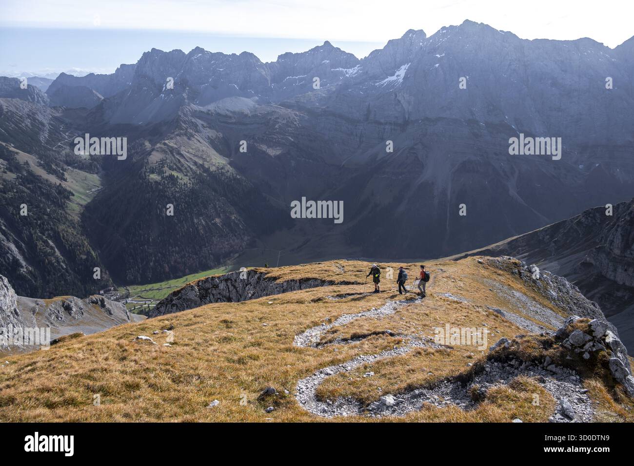 Three hikers descending, hiking trail with serpentines from Gamsjoch ...