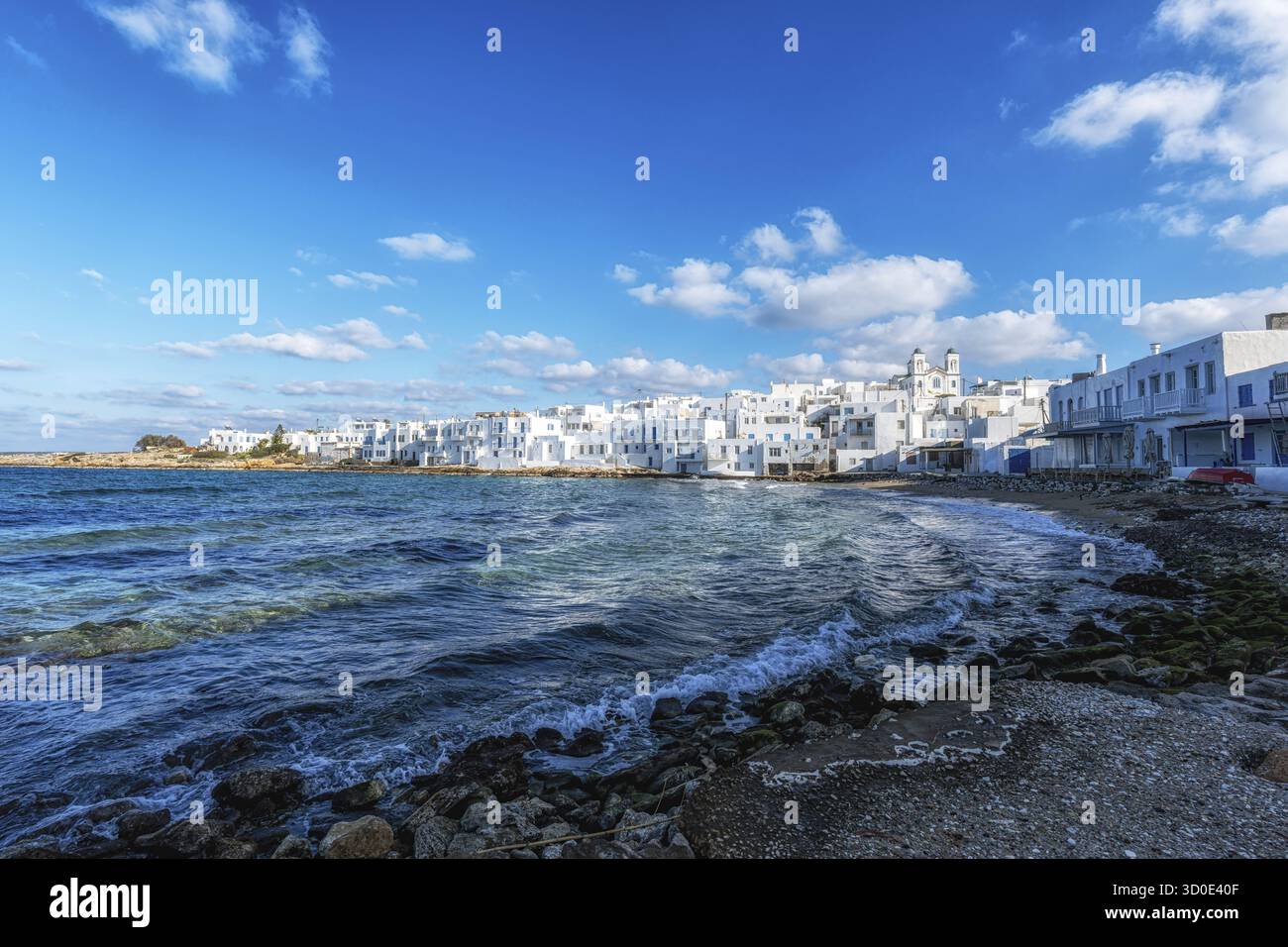 Naousa Beach and surrounding white color painted houses. Famous tourist ...