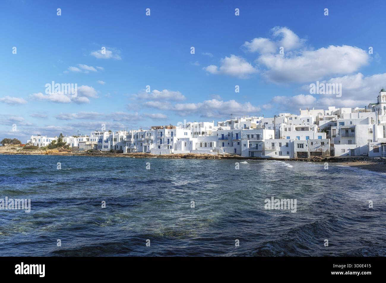 Naousa Beach and surrounding white color painted houses. Famous tourist ...