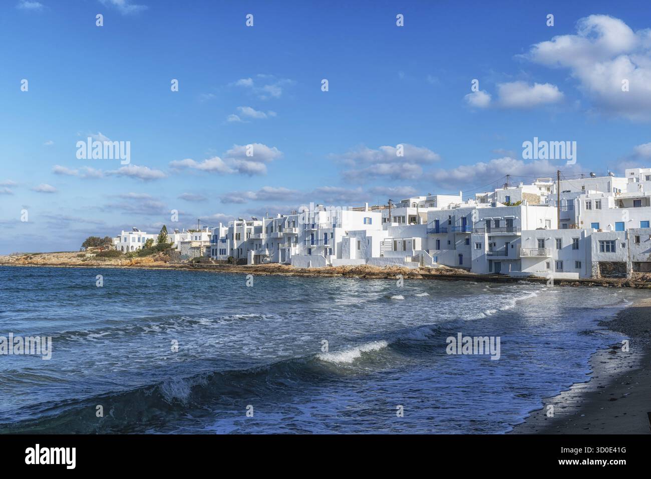Naousa Beach and surrounding white color painted houses. Famous tourist ...