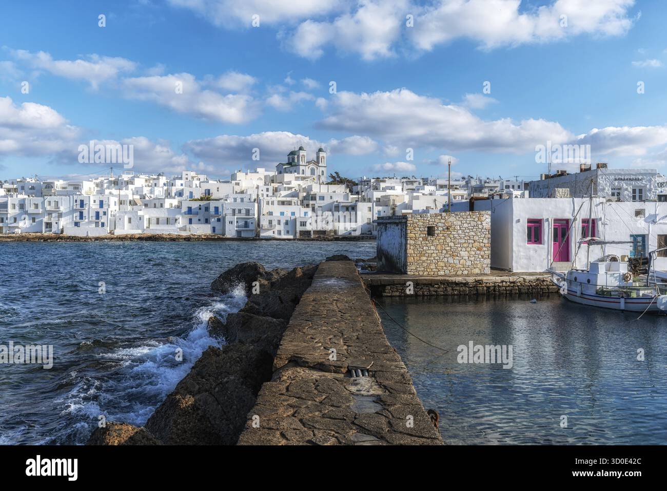 Sunset view over Naousa Marina in Paros taken during winter season ...