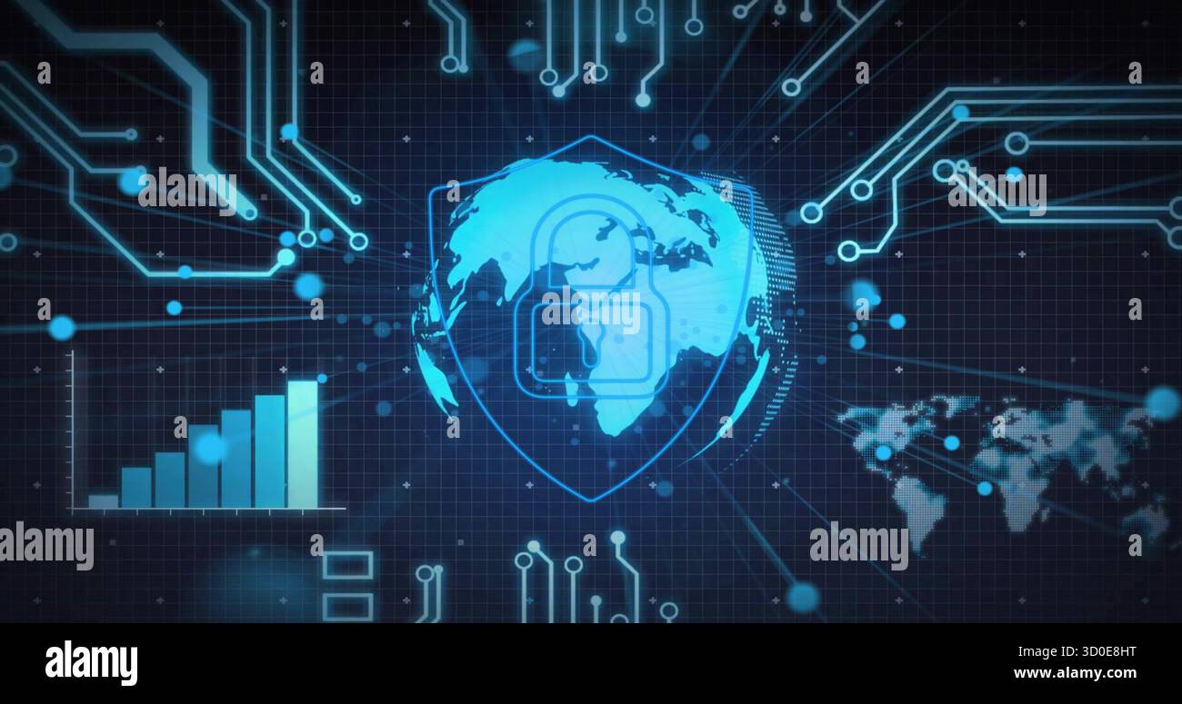 Glowing central globe with padlock icon amid grid backdrop, with ...