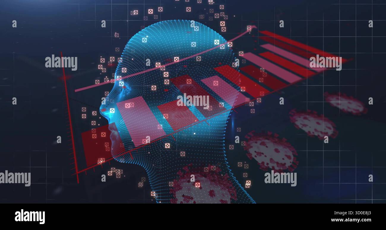 Showing glowing 3D wireframe head on grid backdrop, with ascending red ...