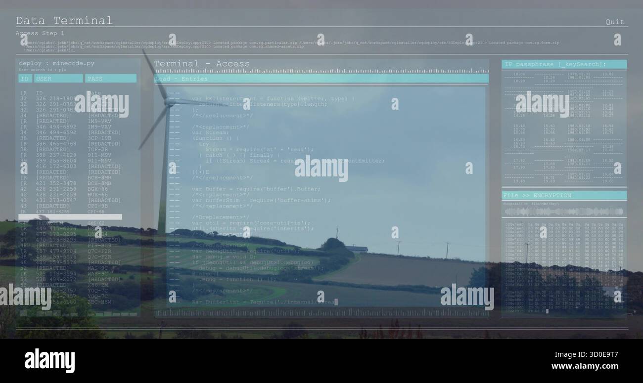 Overlaying terminal code editor and IP stats on fields and hedgerows, wind turbine and farmhouse ...