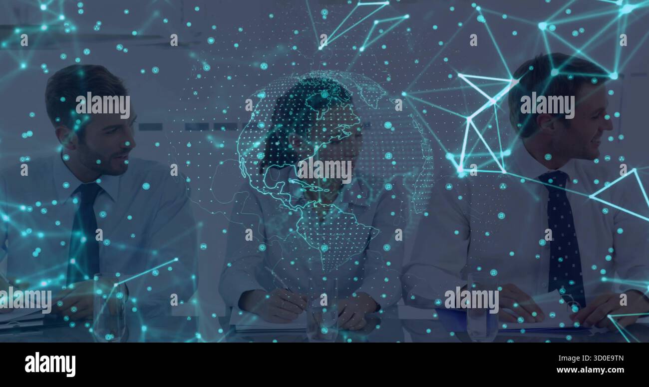 Analyzing corporate professionals interpreting digital globe at meeting ...