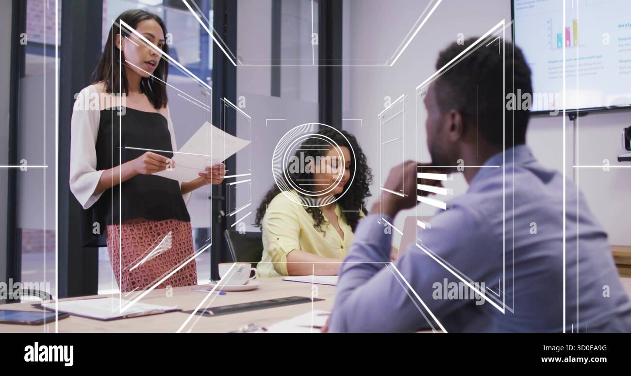 Presenting hispanic woman guiding hi-res stock photography and images ...