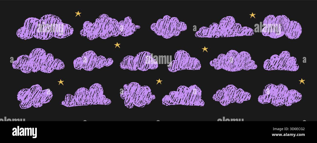 Violet crayon clouds with stars. Magical night sky doodles for fairy ...