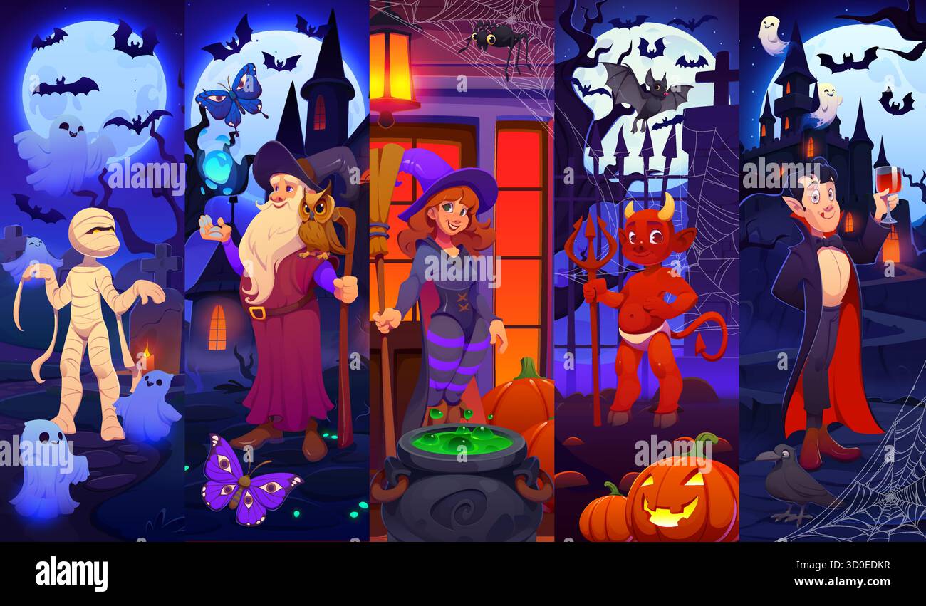 Cartoon creepy scary Halloween characters collage Stock Vector Image ...