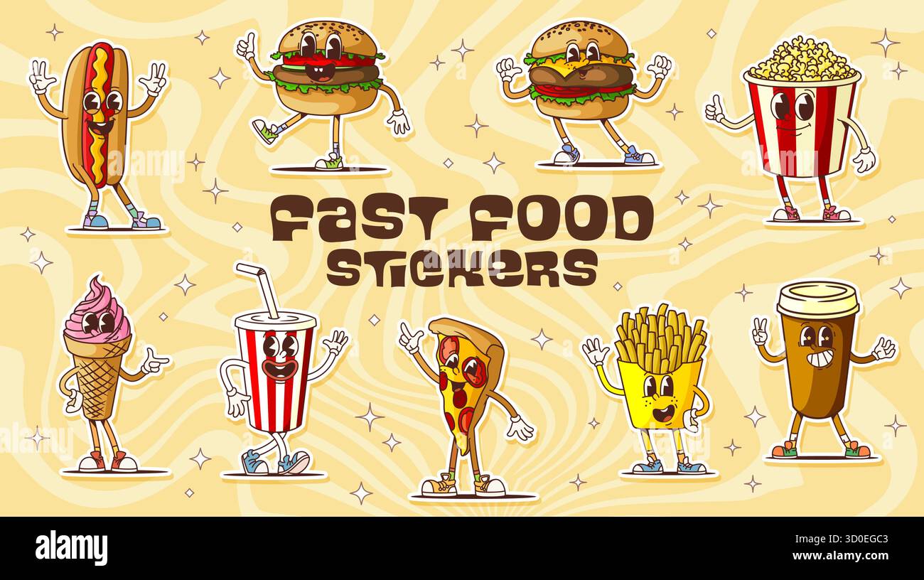 Groovy fast food characters stickers, funny snacks, burgers and ...