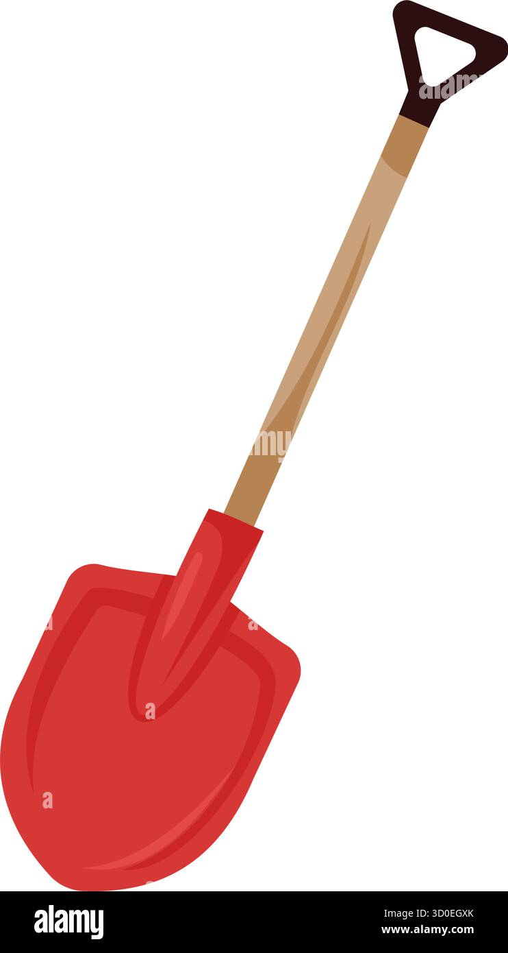 Red shovel with a wooden handle and plastic grip, gardening or ...