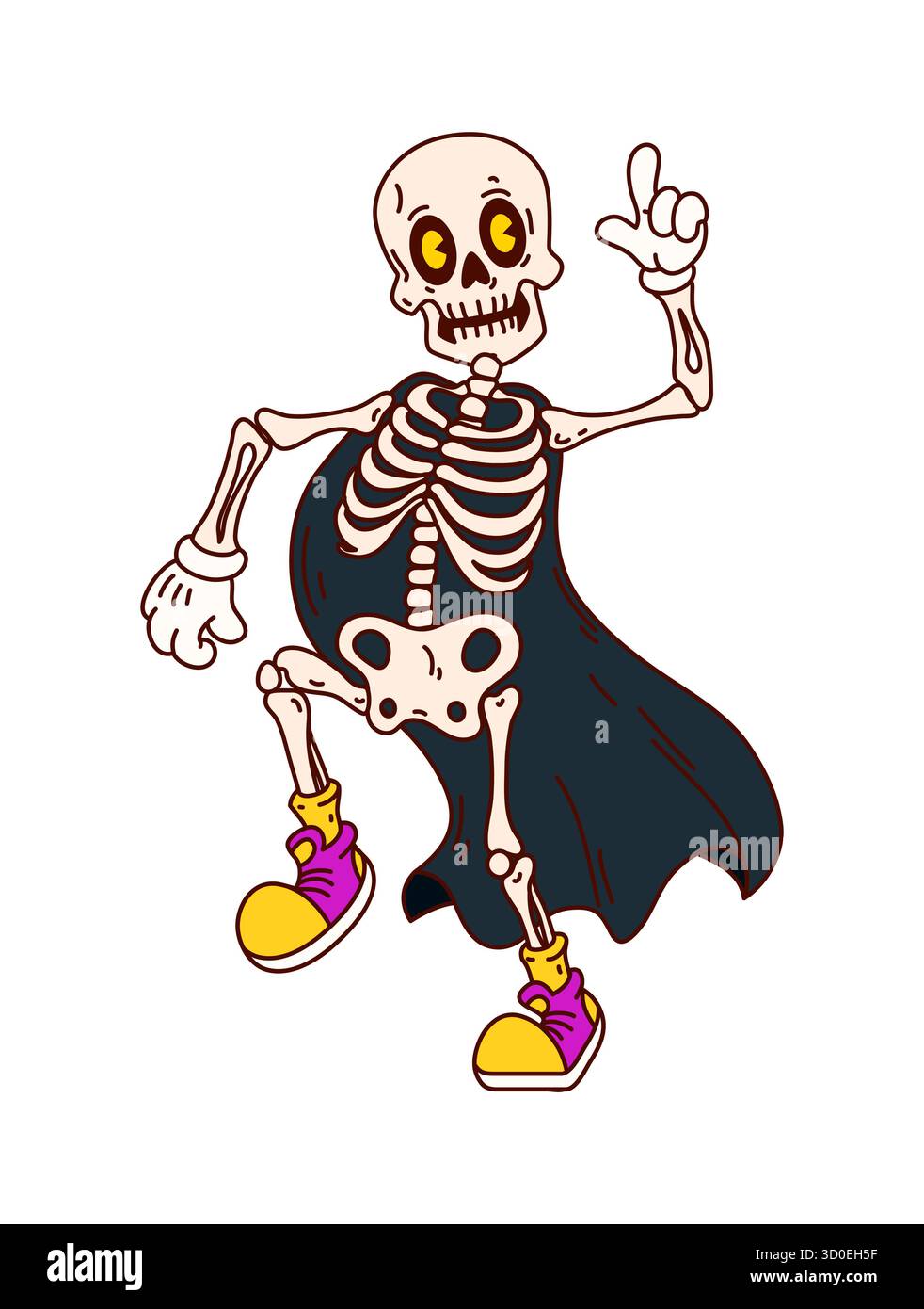 Groovy Halloween skeleton character dancing in black cloak and pink ...