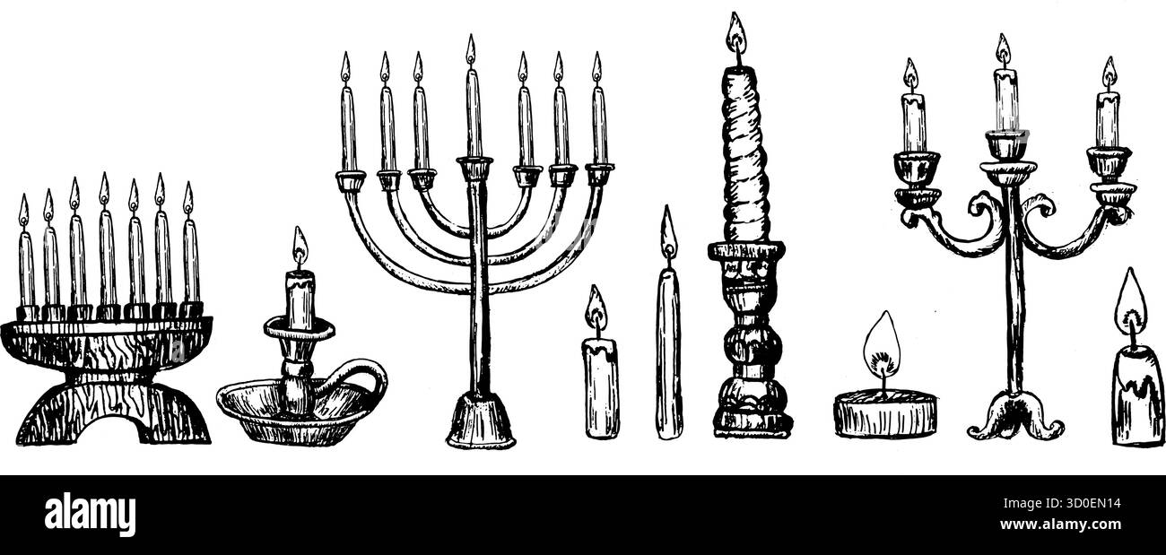 Vintage candle set illustration. Hand drawn engraving style collection ...