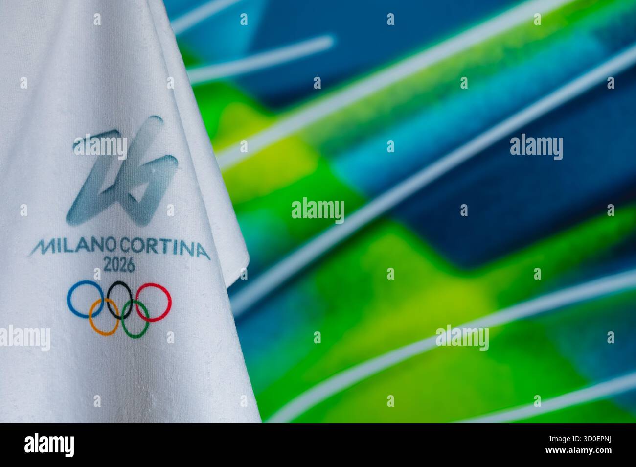 MILAN, ITALY, OCTOBER 20, 2025: Milan Cortina 2026 Winter Olympics Logo ...