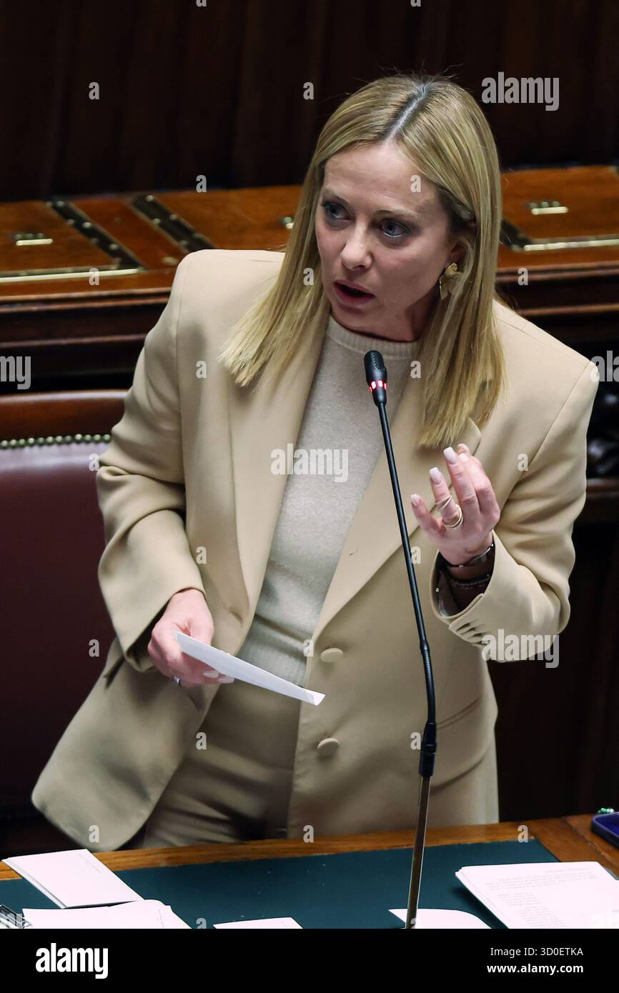 Italian Prime Minister Giorgia Meloni addresses the Chamber of Deputies ...