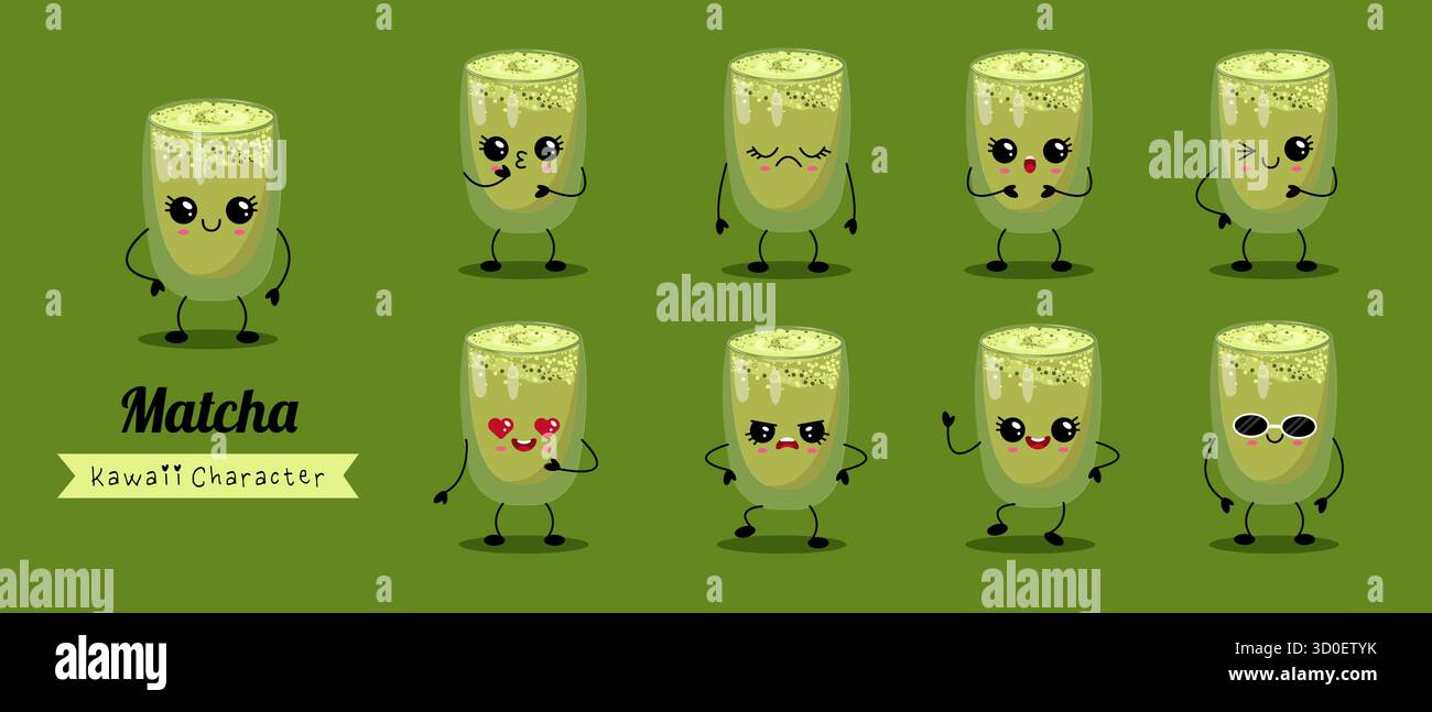 Adorable matcha drink kawaii characters with different emotions and ...
