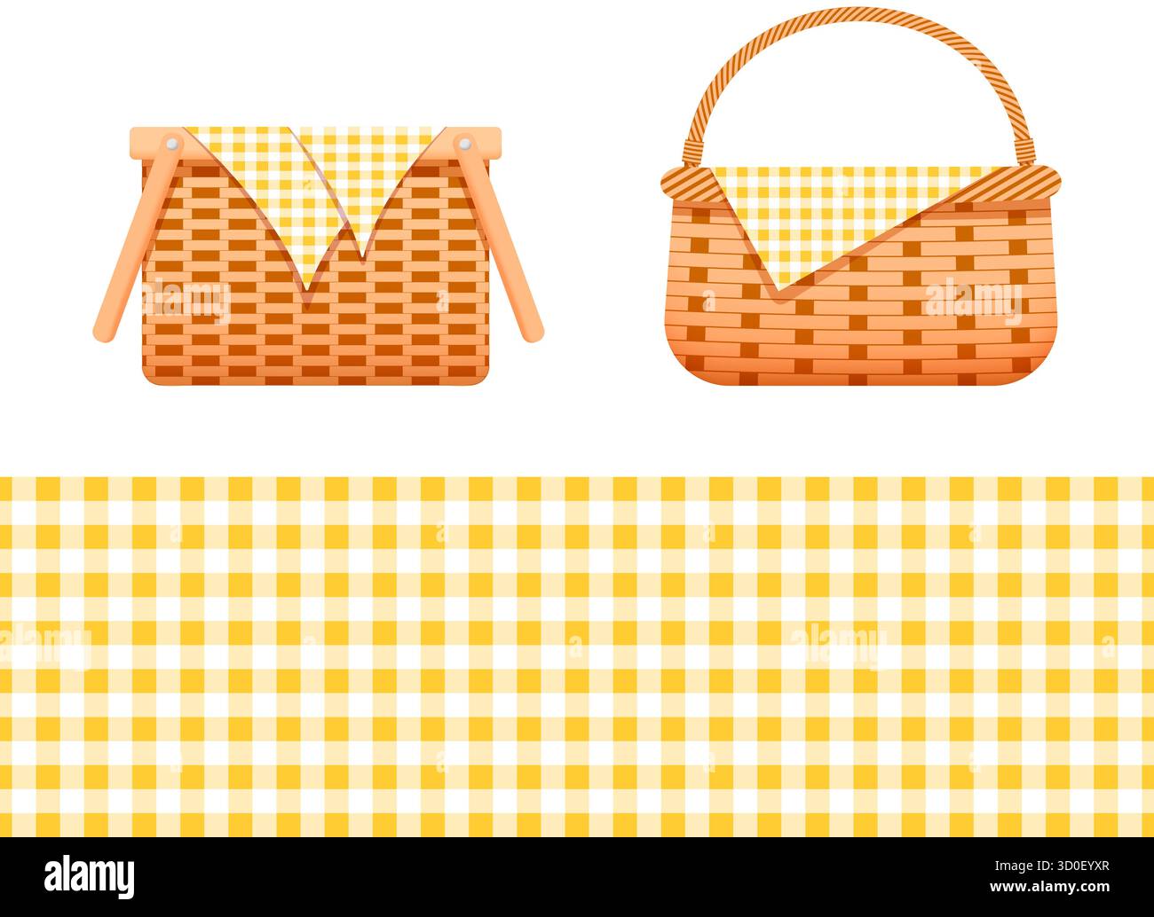 Empty wicker baskets with napkins and yellow checkered vichy texture ...