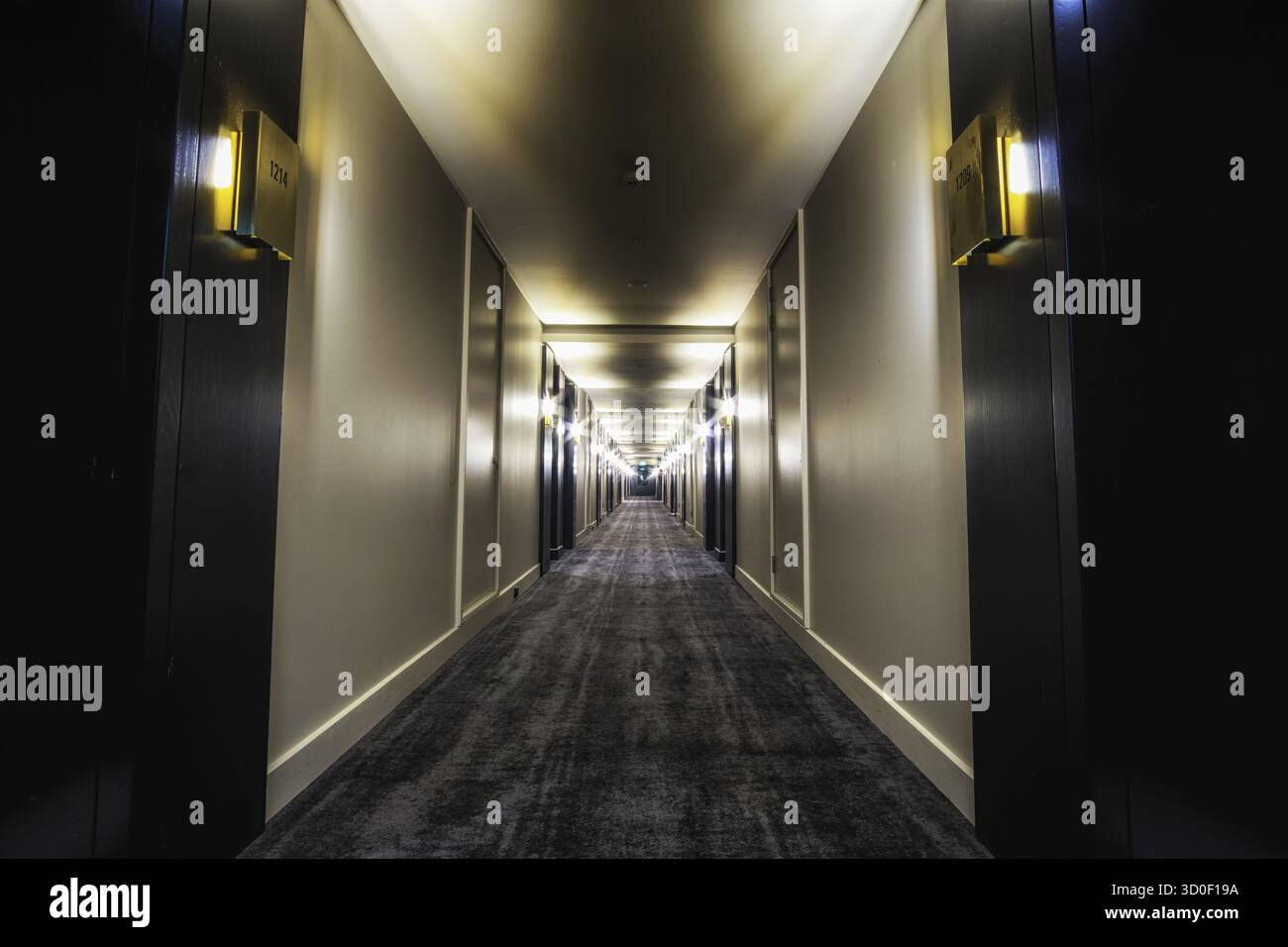 Hotel hallway with endless doors and rooms stretching all the way ...