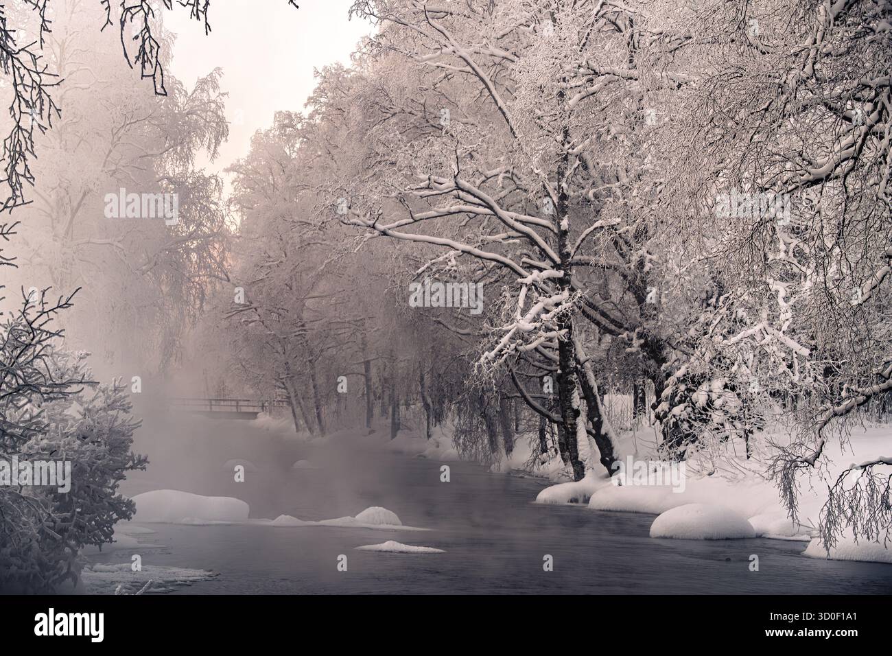 A calm winter scene with a misty river flowing through a snow-covered ...