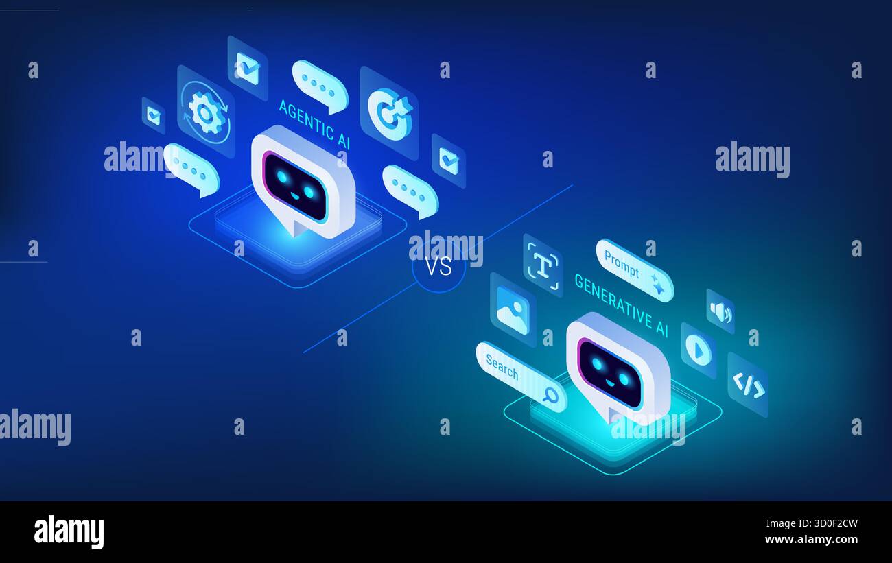 Agentic AI vs Generative AI concept infographics - isometric technology vector - Main difference ...