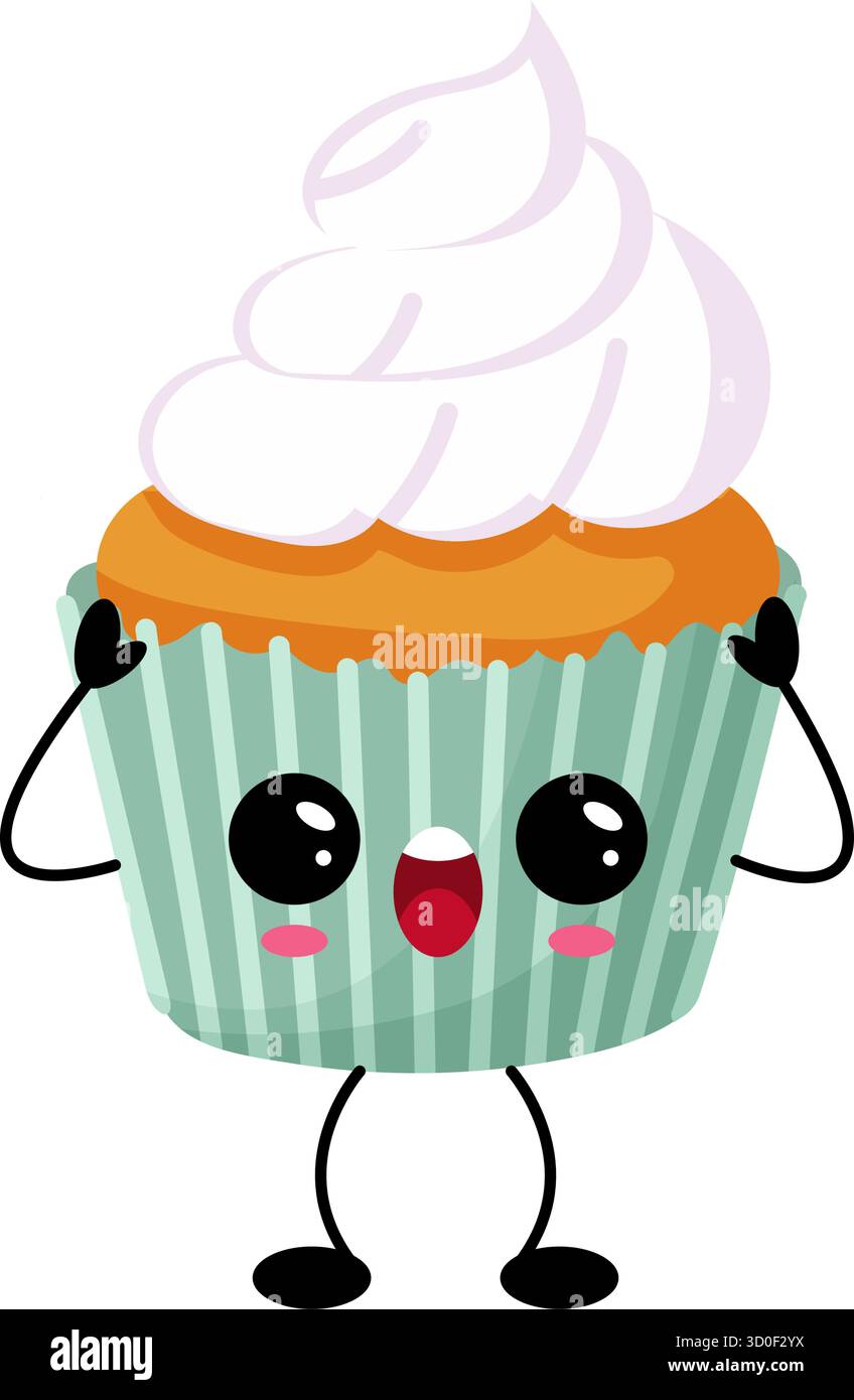 Adorable cartoon muffin with cream topping and excited happy face. Cute ...