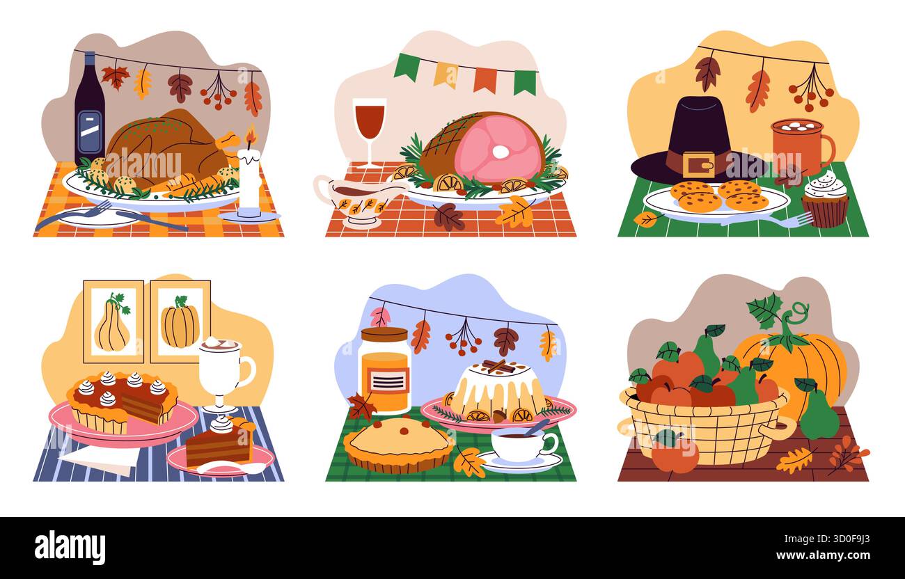 Thanksgiving mini compositions of seasonal food and decor in hand-drawn ...