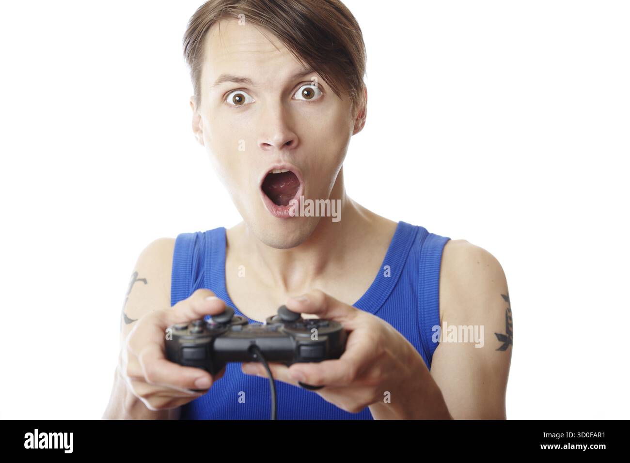 Man with joystick playing horror computer game Stock Photo - Alamy
