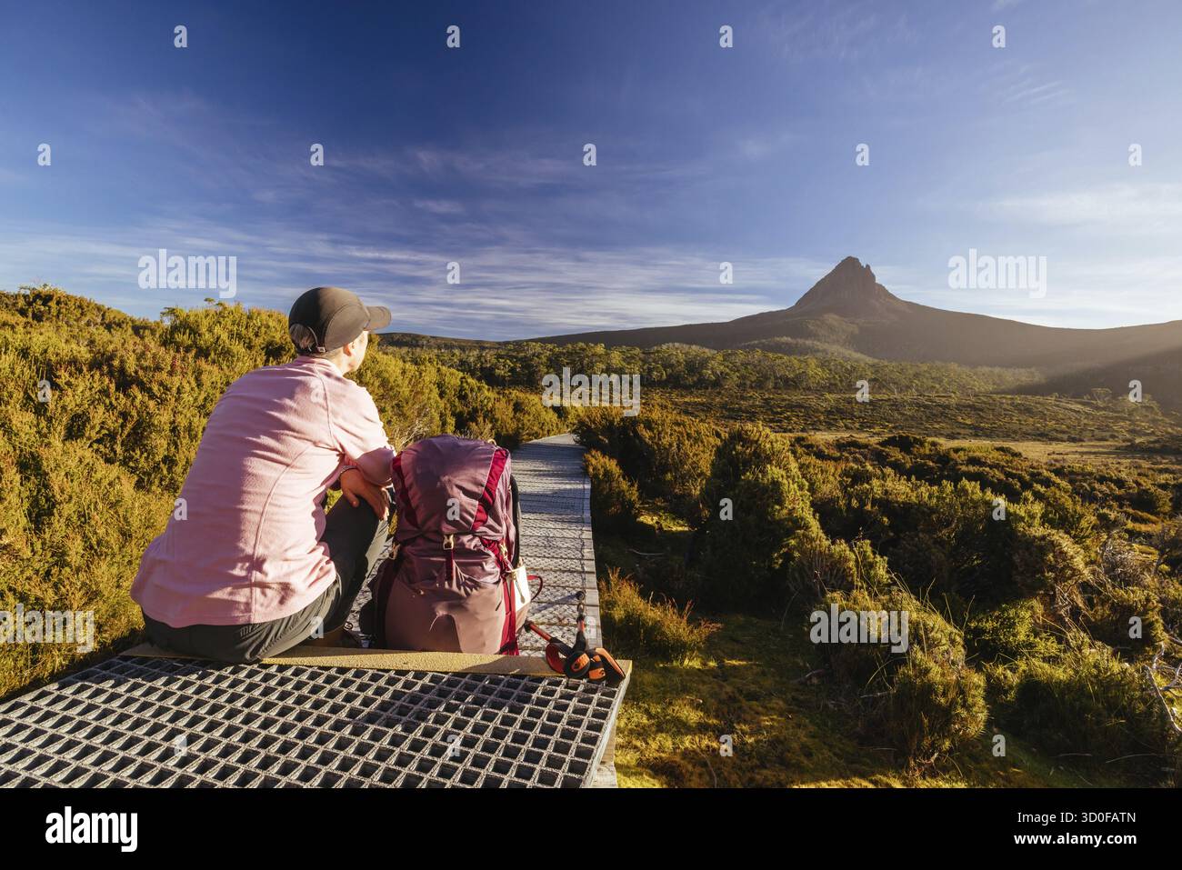 The wide landscape views at sunset of Barn Bluff and alpine heath ...