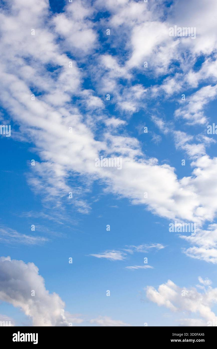 clear blue sky with white fluffy clouds. vertical nature background ...