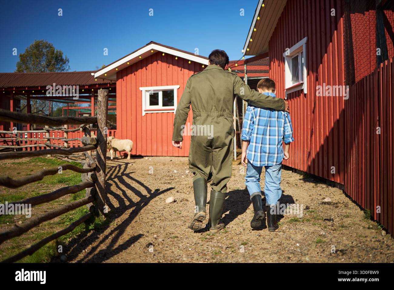 Caucasian middle aged man walking with arm around Caucasian boy on farm ...