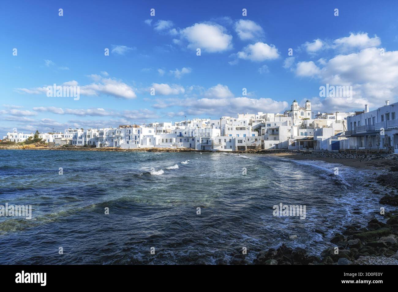 Naousa Beach and surrounding white color painted houses. Famous tourist ...