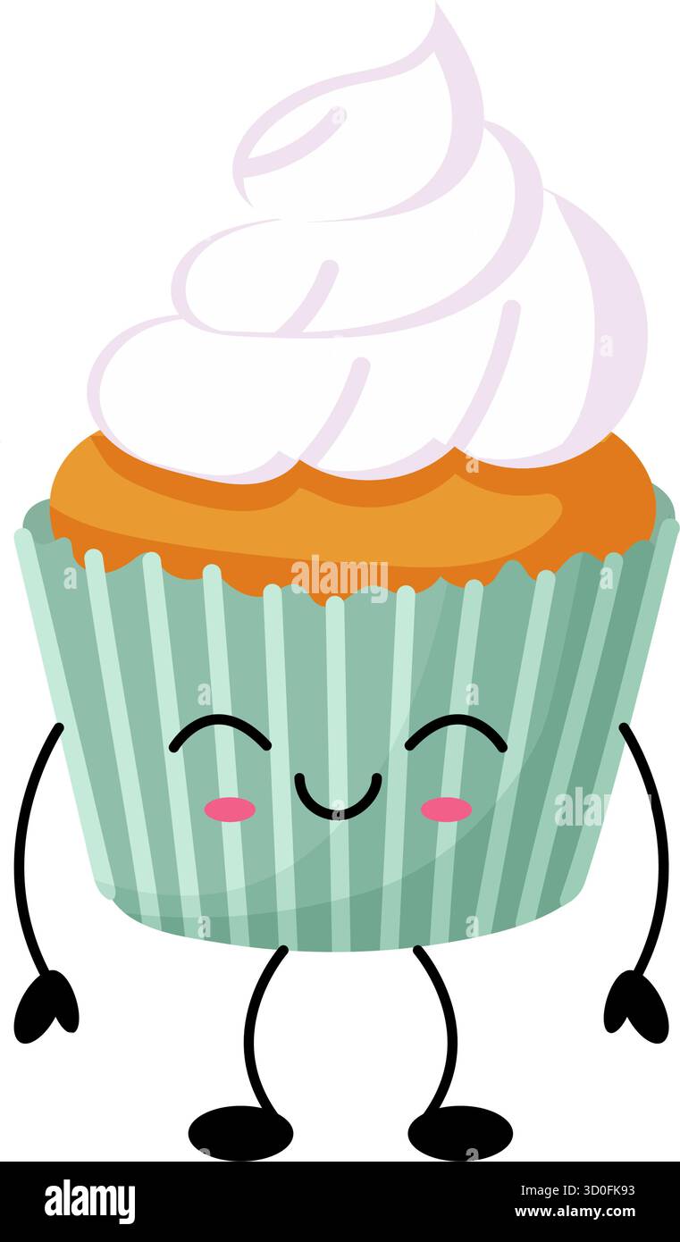 Adorable kawaii style muffin with whipped cream topping and smiling ...