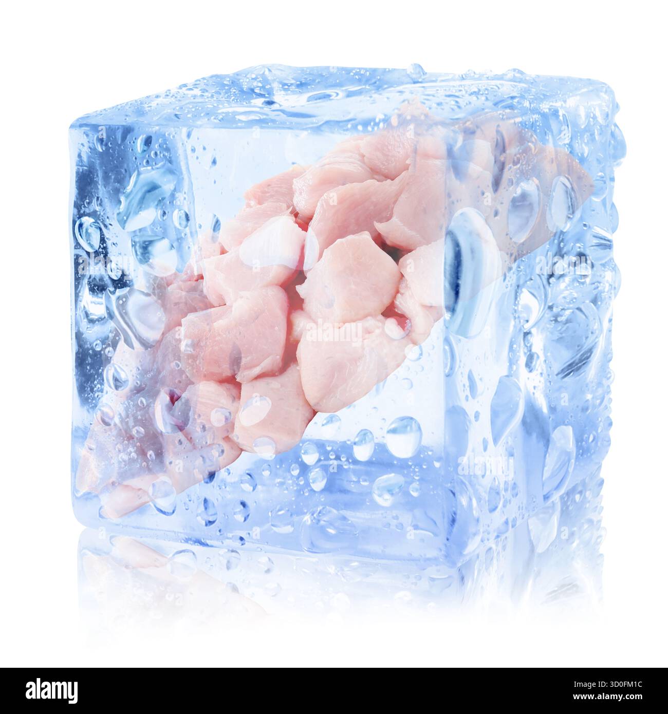 Cut chicken meat in ice cube on white background Stock Photo - Alamy