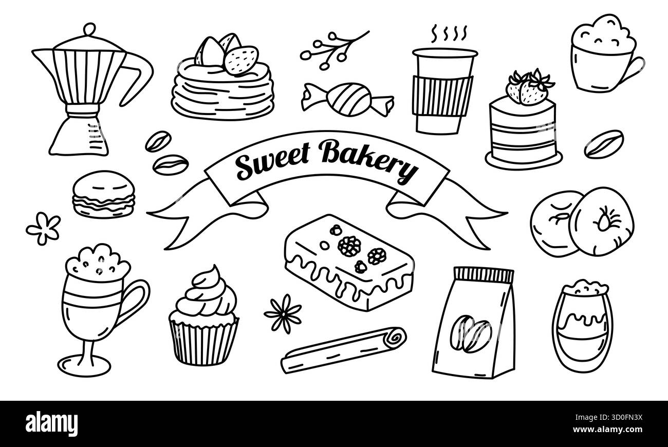 Black and white doodle style bakery illustration with coffee cup cake ...