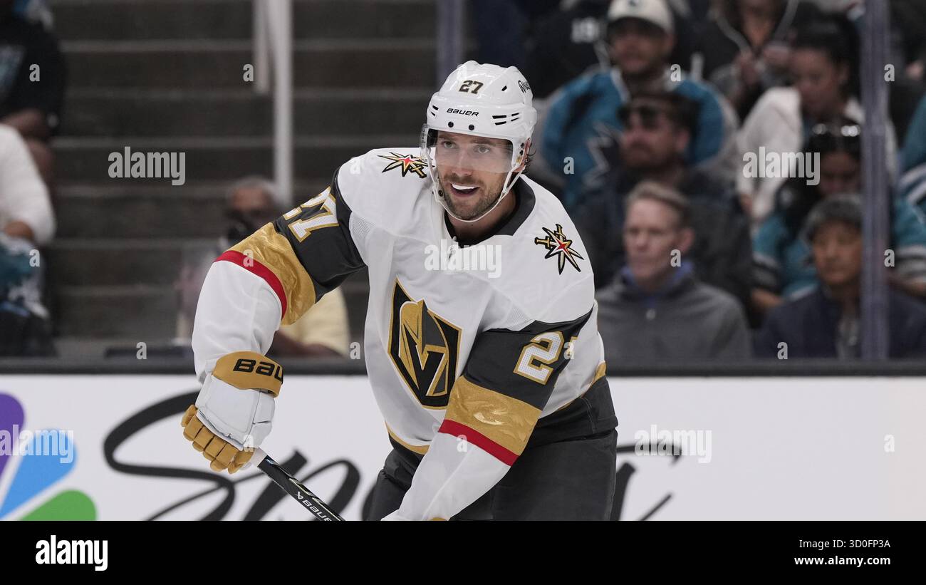 Vegas Golden Knights defenseman Shea Theodore moves the puck during the ...