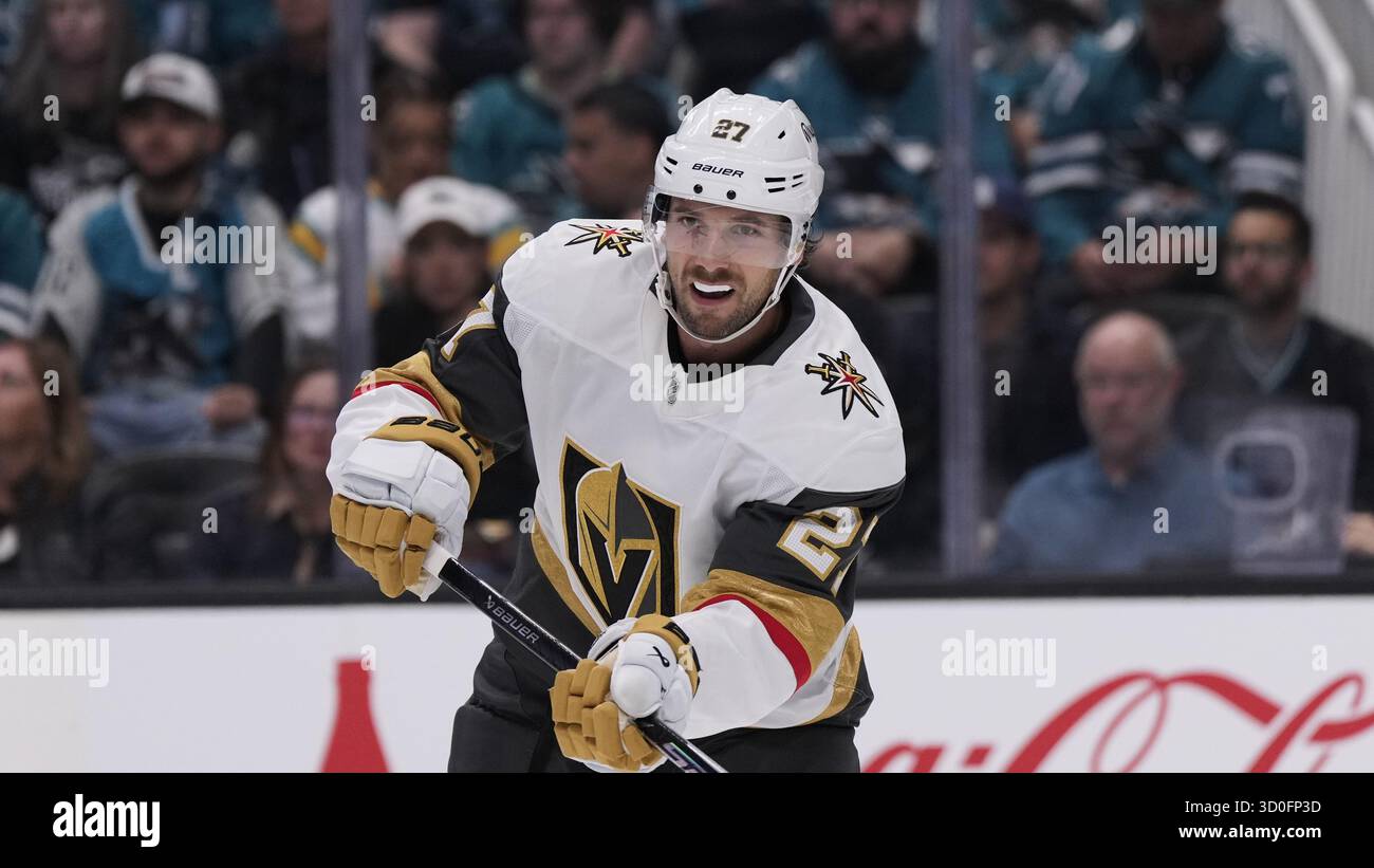 Vegas Golden Knights defenseman Shea Theodore moves the puck during the ...