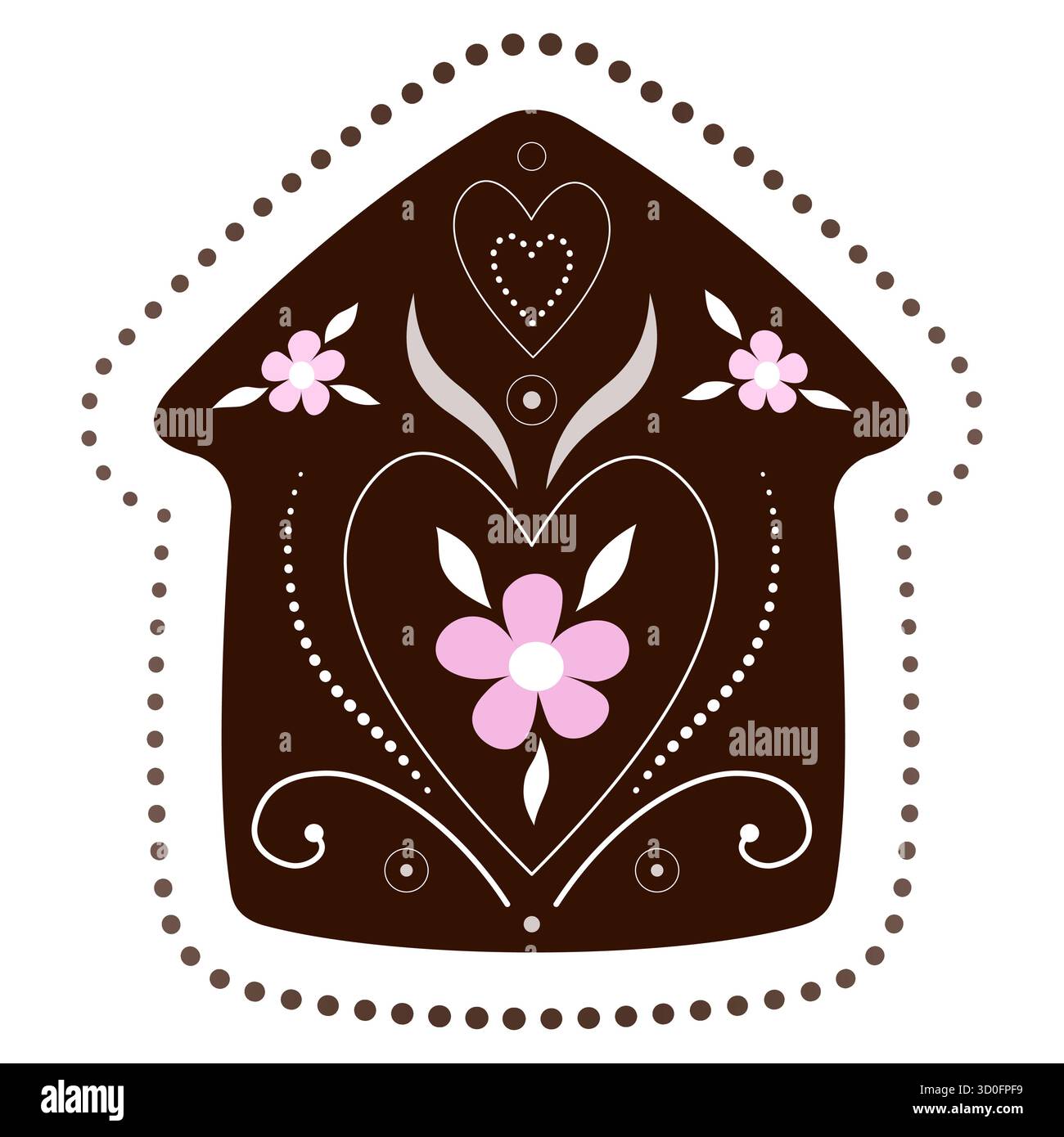 Brown gingerbread house with heart and flower. Sweet winter holiday ...