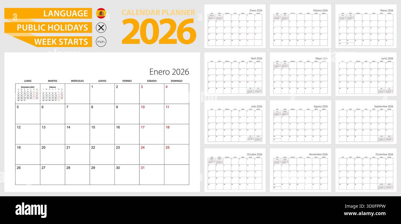 Spanish calendar planner for 2026. Spanish language, week starts from ...